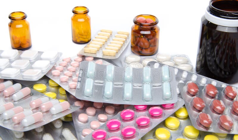 Pills, Tablets and Capsules in Blister Packs and Bottles Stock Photo ...