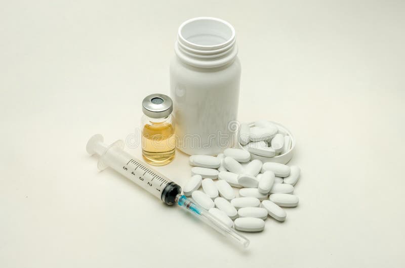 Pills, Vitamins and Syringe for Injection with Medications Isolated on ...