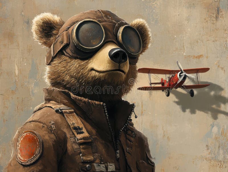 Pilot Bear with Aviator Goggles and Vintage Airplane in Background ...