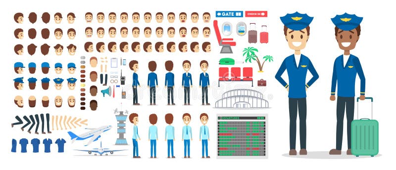 Pilot Character Set for the Animation with Various Views Stock Vector ...