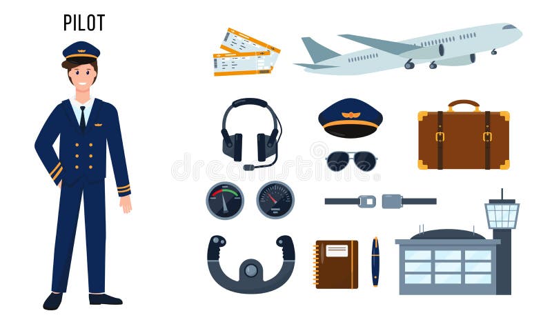 Pilot Character and Set of Elements for Work. Stock Vector ...