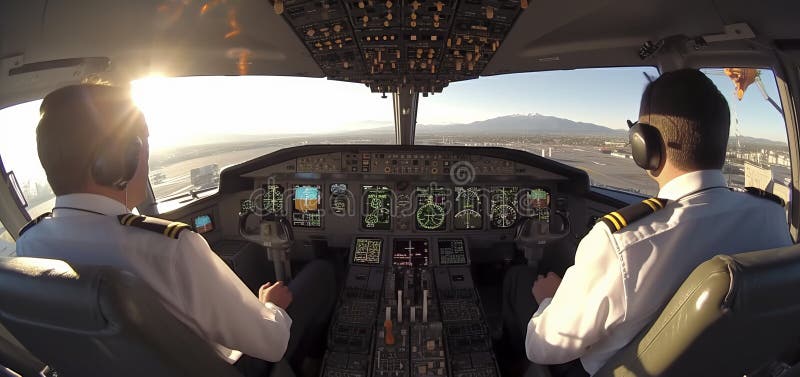 Pilot and Co-pilot Sitting in the Cockpit of an Airplane during Takeoff ...