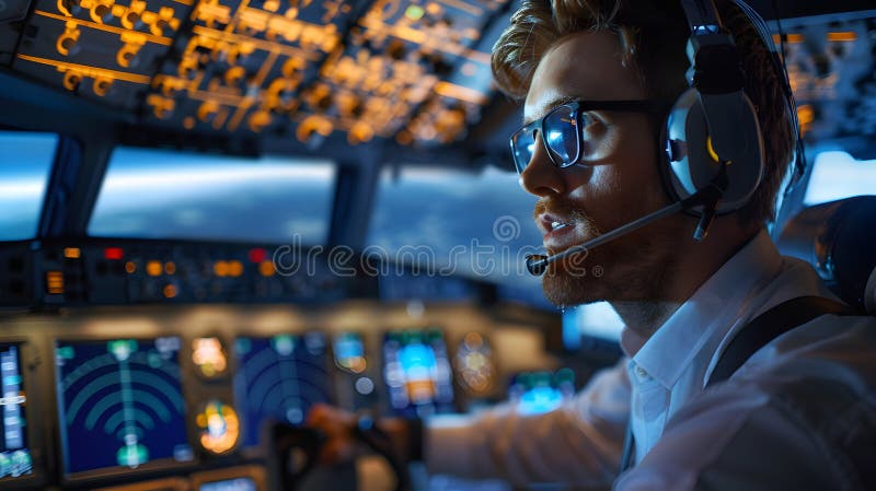 A Pilot in the Cockpit, Focused on Flying while Monitoring Instruments ...