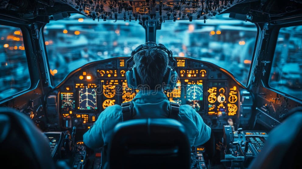 Pilot in Cockpit during Night Flight Operations Stock Illustration ...