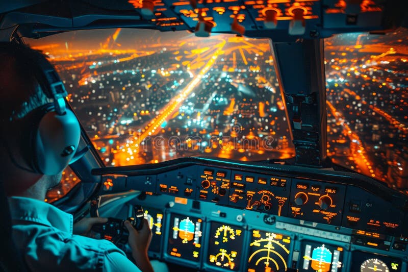 Pilot in a Cockpit at Night, Preparing for Landing Over a Brightly ...