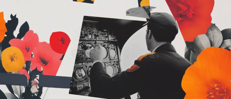 Pilot in Cockpit Surrounded by Floral Minimalist Collage on White ...