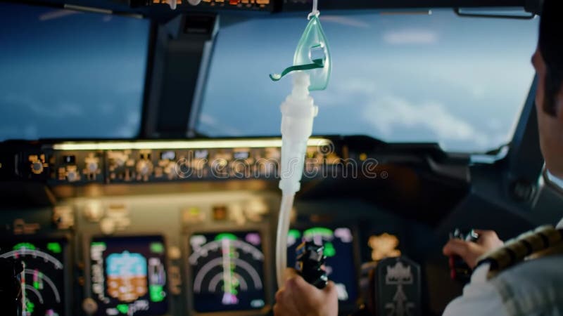 Pilot in Cockpit Using Oxygen Mask during Flight Emergency, with ...