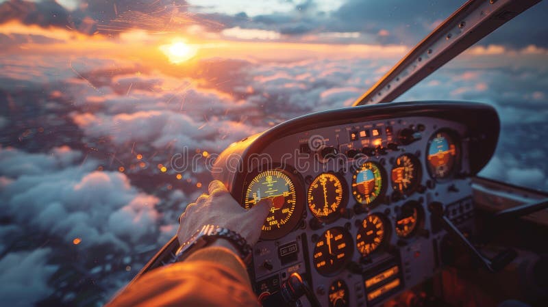 Pilot Controlling Airplane during Sunset Flight Over Clouds Stock ...
