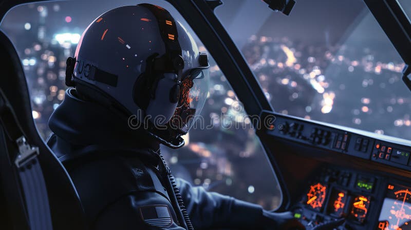 The Pilot Controls a Sleek Rotorcraft while Flying Above a Vibrant City ...