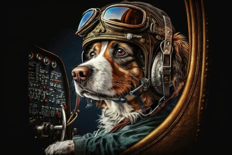 Pilot Dog Sitting in Cockpit, Checking Flight Instruments Stock Photo ...