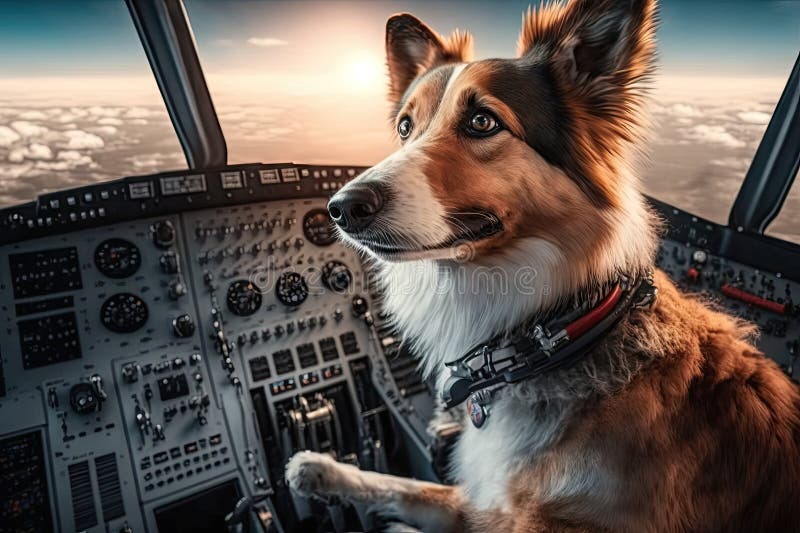 Pilot Dog Sitting in Cockpit, with View of Controls and Instruments ...