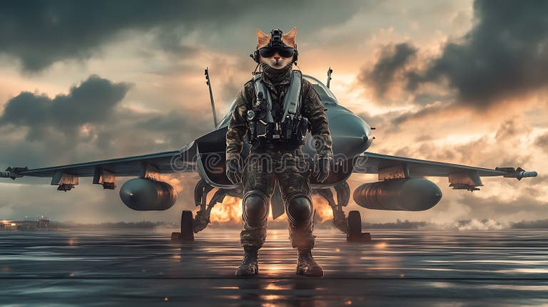 Pilot in Flight Suit Standing Near Fighter Jet, Dramatic Background ...