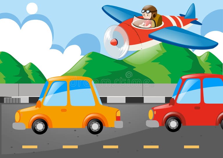 Pilot Flying Jet Over the Highway Stock Illustration - Illustration of ...