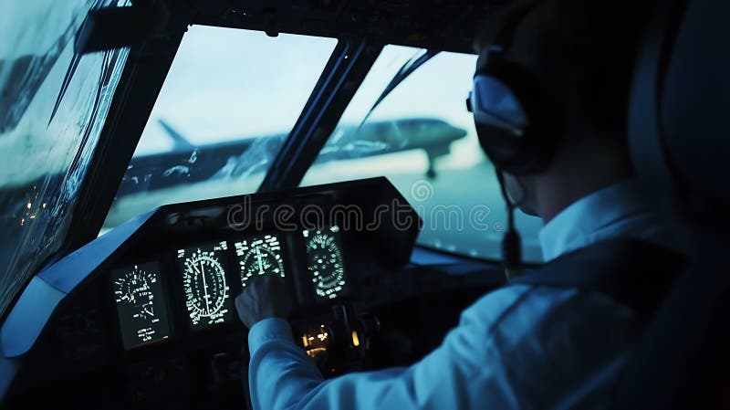 A Pilot is Flying a Plane and is Looking at the Instruments Stock ...