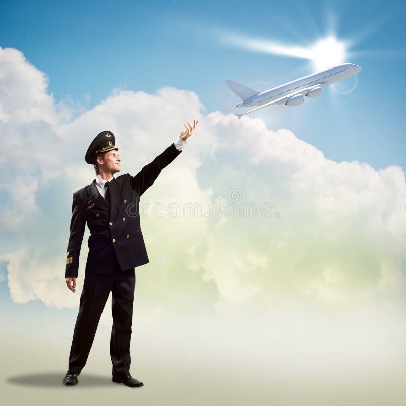 Pilot in the Form of Extending a Hand To Airplane Stock Image - Image ...