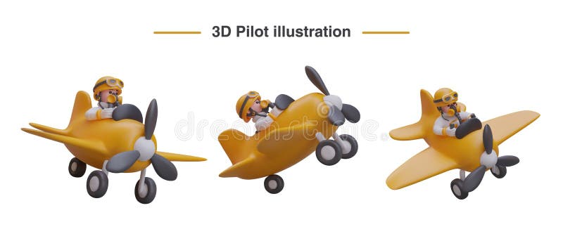 Pilot in Funny Yellow Airplane. Object in Different Positions Stock ...