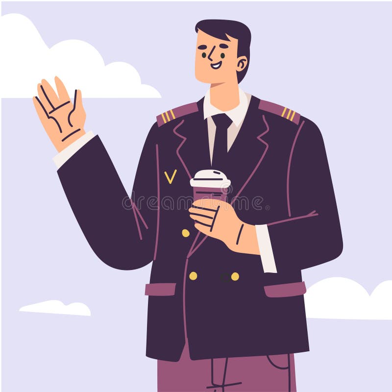 Pilot Man Character in Uniform with Tie Drink Coffee Vector ...