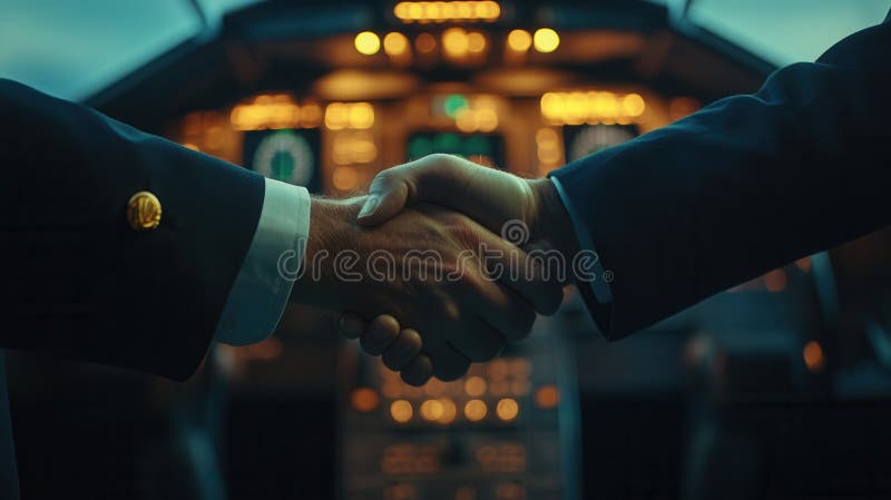 Close-up Handshake between a Pilot and Cabin Crew before Departure in ...