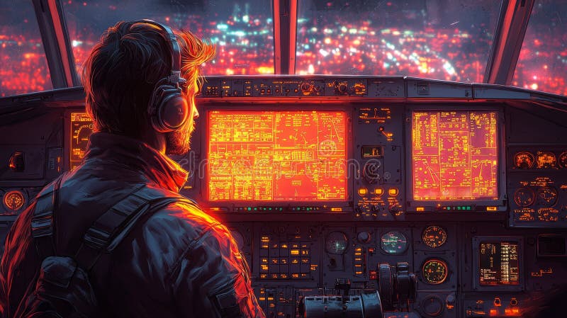 Pilot Navigating an Advanced Aircraft Cockpit at Night Stock ...