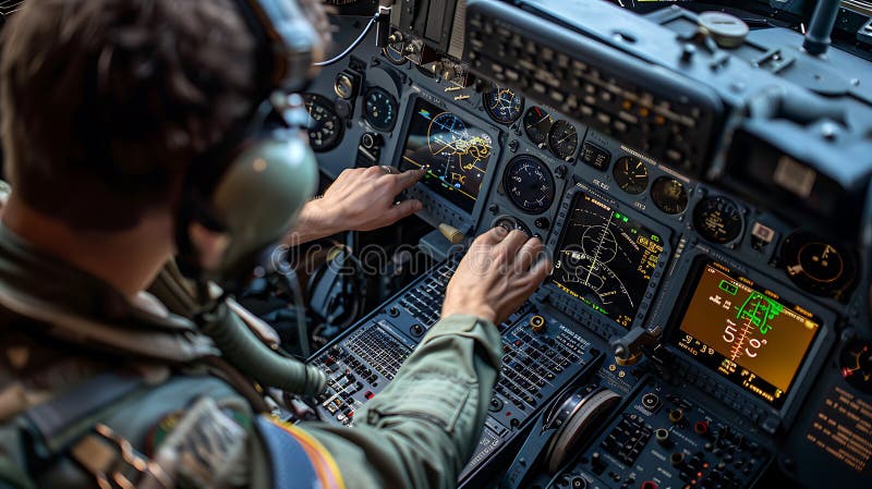 Pilot Navigating Aircraft with Advanced Cockpit Controls Stock ...
