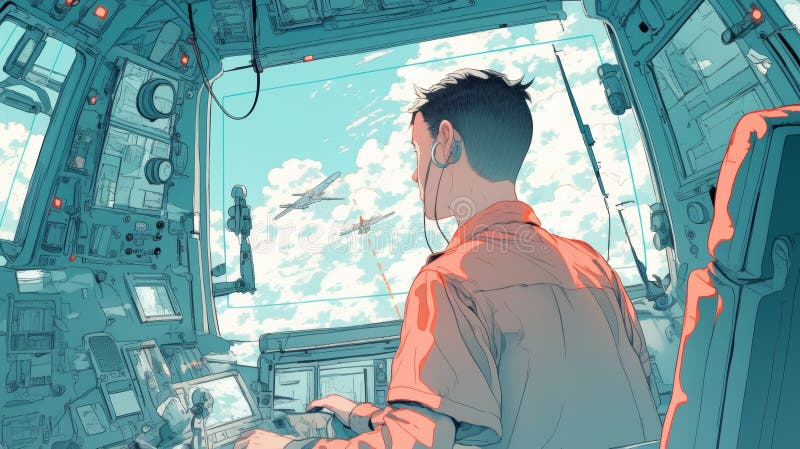 Pilot Navigating an Aircraft in a Detailed Control Cabin with Sky View ...