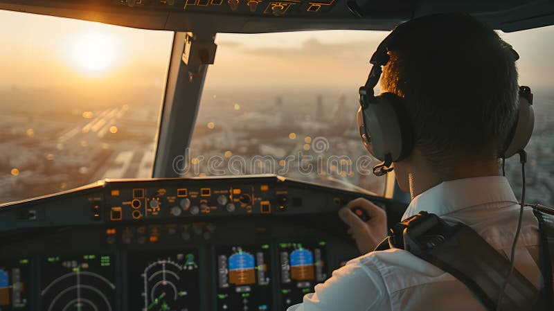 A Pilot Navigating an Aircraft during Sunset, Showcasing the Cockpit ...