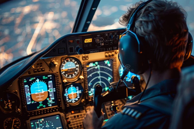 Pilot Navigating a Modern Aircraft with Illuminated Cockpit Controls ...