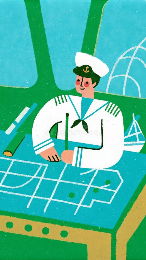Pilot Navigating Ship with Map and Compass in Bridge Illustration Stock ...