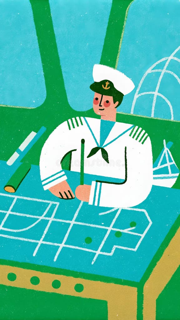 Pilot Navigating Ship with Map and Compass in Bridge Illustration Stock ...