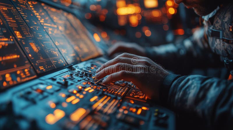 A Pilot Operates Advanced Control Panels Aboard a Military Aircraft ...
