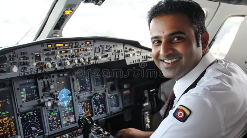Pilot Operates Aircraft Controls with a Smile in Cockpit during Flight ...