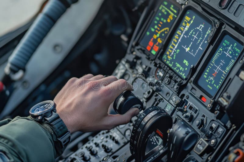 Pilot Operating Aircraft Control Panel Advanced Instruments Cockpit ...