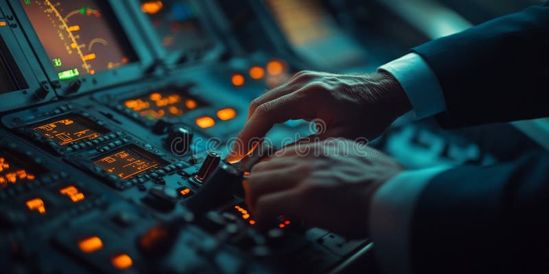 Pilot Operating Aircraft Control Panel during Flight Stock Photo ...