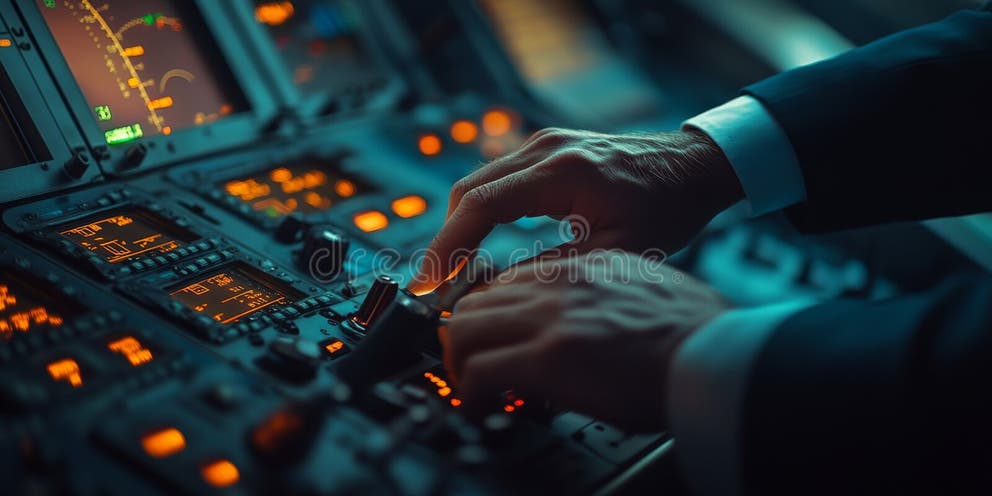 Pilot Operating Aircraft Control Panel during Flight Stock Photo ...