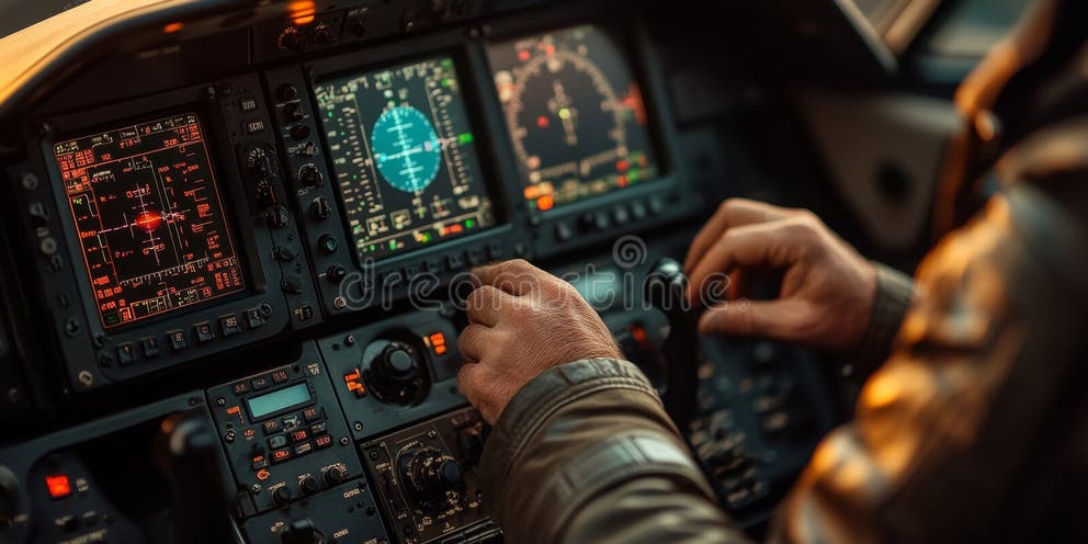 Pilot Operating Aircraft Flight Controls Inside Cockpit during Flight ...