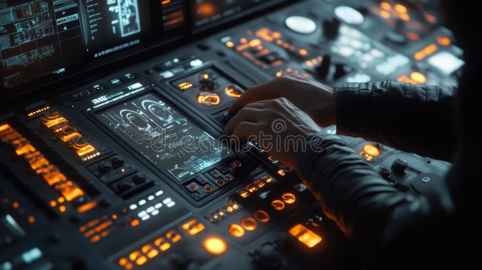 Pilot Operating Futuristic Spaceship Control Panel with Brain Scan ...