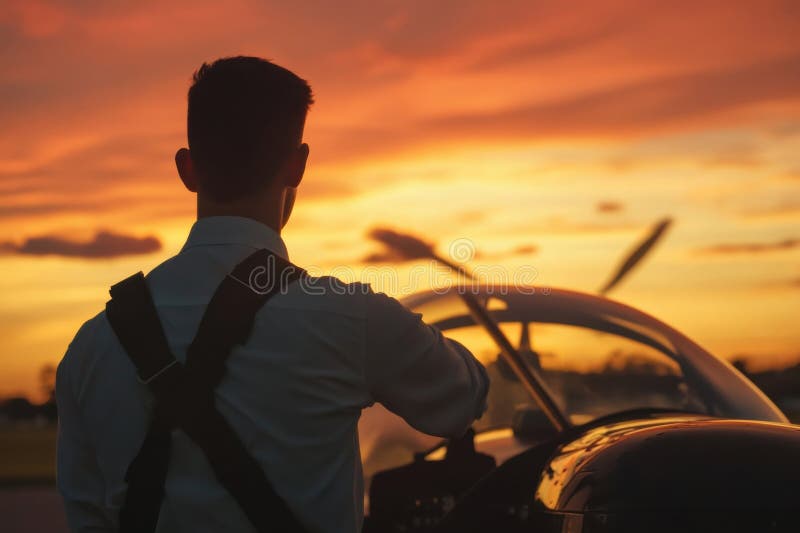 Pilot Performs Thorough Pre-flight Checks at Sunset before Departing ...