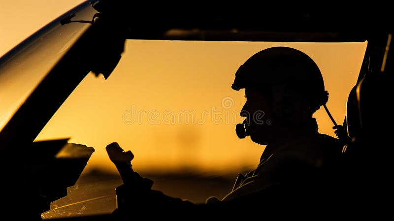 Pilot in Profile Seated in Cockpit, Focusing on Controls As Sunset ...