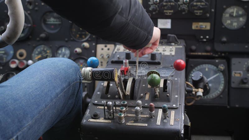 Pilot Push Thrust Lever Handle for Takeoff a Old Plane in the Cockpit ...
