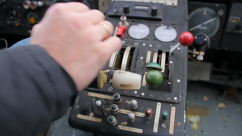 Pilot Push Thrust Lever Handle for Takeoff a Old Plane in the Cockpit ...