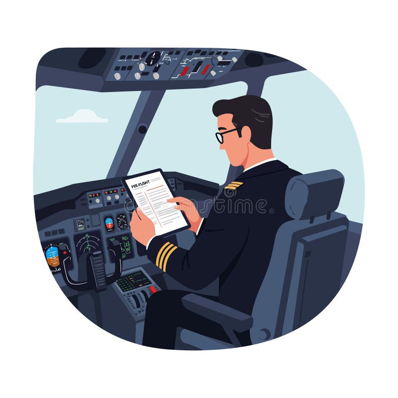 Pilot Reading Flight Plan Inside Airplane Cockpit Vector Illustration ...