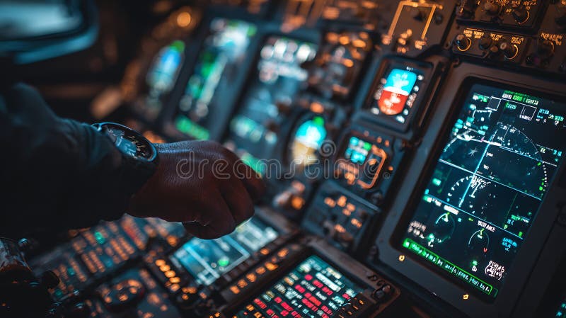Pilot Operating Modern Aircraft Cockpit with Digital Displays and ...