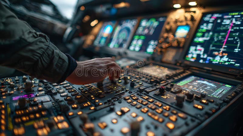 Professional Pilot Using Flight Instruments in Modern Cockpit with ...