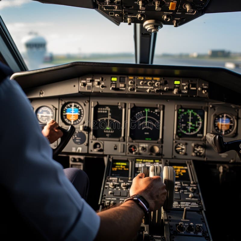 Pilot& X27;s Hand on the Controls of an Airplane, with the Cockpit ...