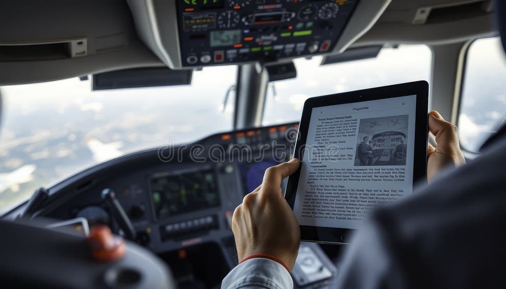 Pilot S Hands on E Reader in Aircraft Cockpit during Flight, Ebook ...