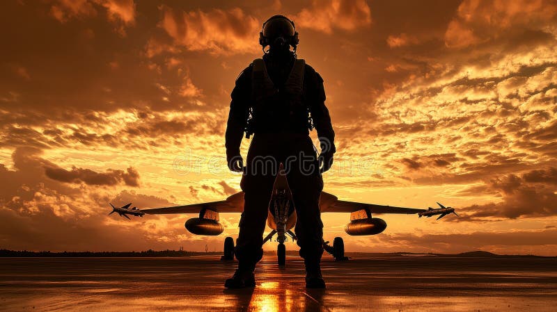 Pilot Silhouette Against Dramatic Sunset with Fighter Jet Background ...