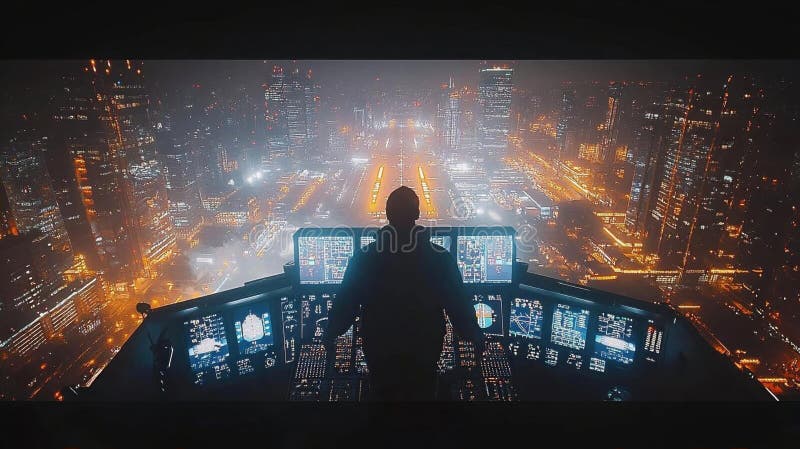 Pilot Silhouetted Against a Night City Lightscape from Aircraft Cockpit ...