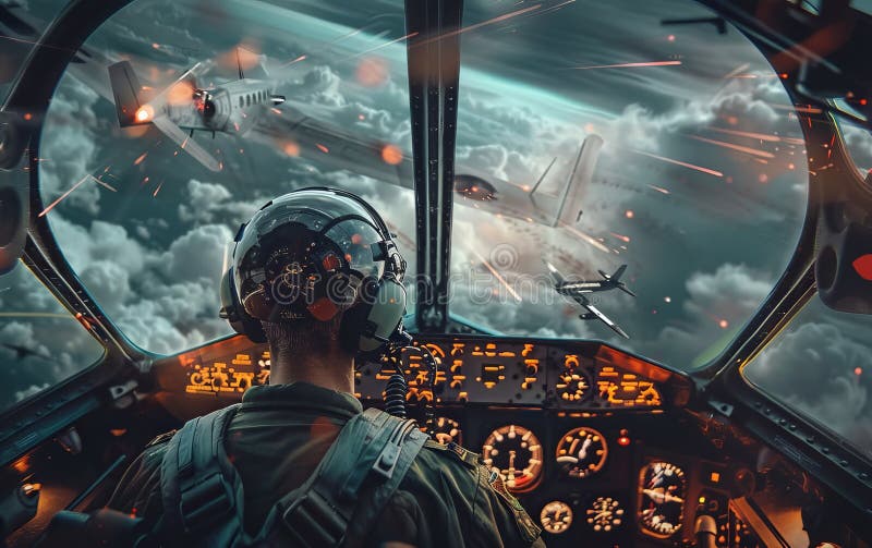 Pilot in Uniform Head Becoming a Cloud of Airplanes and Radar Signals ...