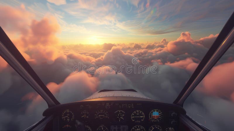 A Pilot is View from the Cockpit of an Airplane Flying Above the Clouds ...