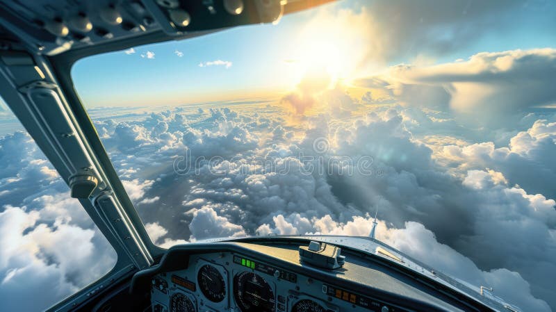 A Pilot is View from the Cockpit of an Airplane Flying Above the Clouds ...